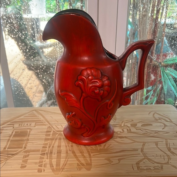 Accents | Vintage Red Ceramic Pitcher With Floral Design | Poshmark